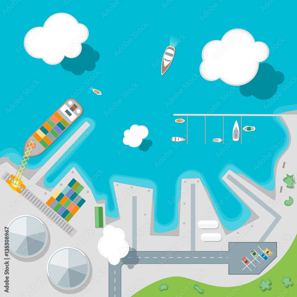 Cartoon Port Town and Barge Ship. Vector Stock Vector | Adobe Stock