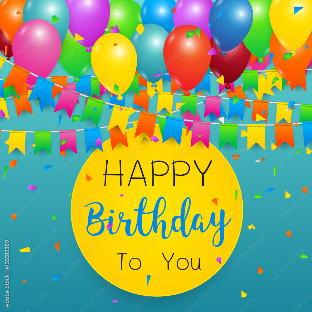 Birthday background with colorful confetti and balloons on backg Stock ...