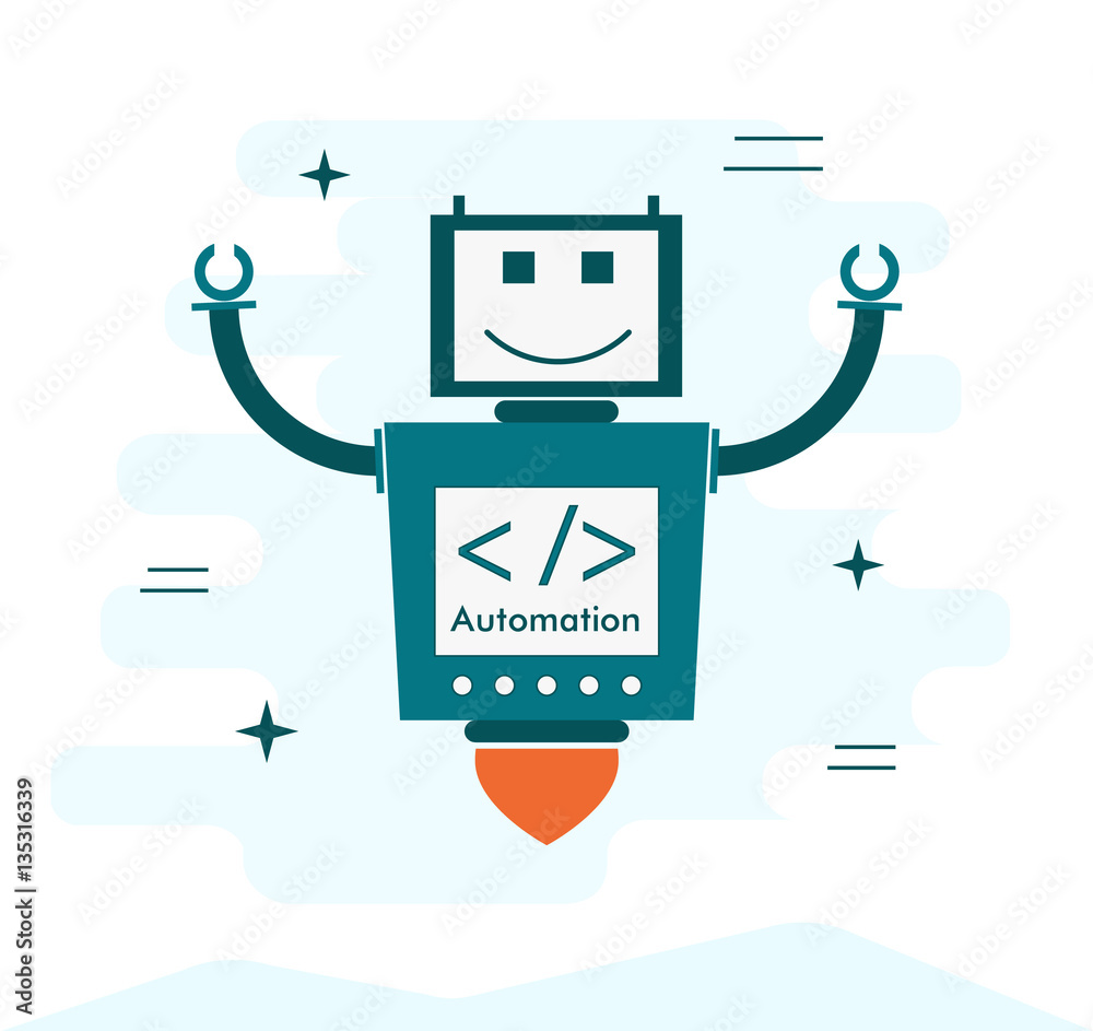 Coding automation conceptual illustration. Flying robot with ...
