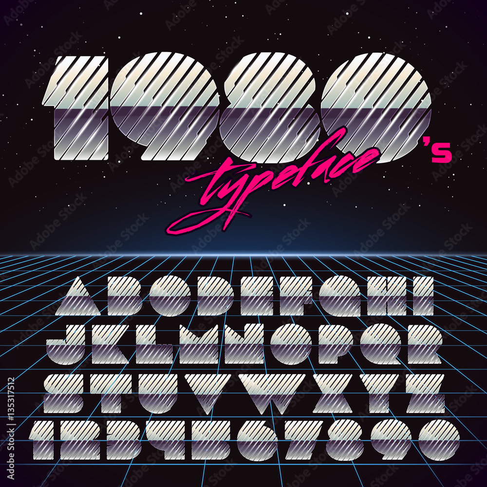 Shiny Chrome Retro Futuristic Font. Stylish Retro Synth Wave Alphabet in 80s style. Vector font ...
