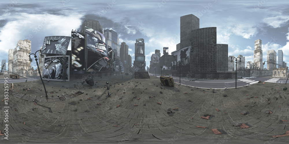 Panorama of ruined Time Square New York Manhattan. HDRI ...