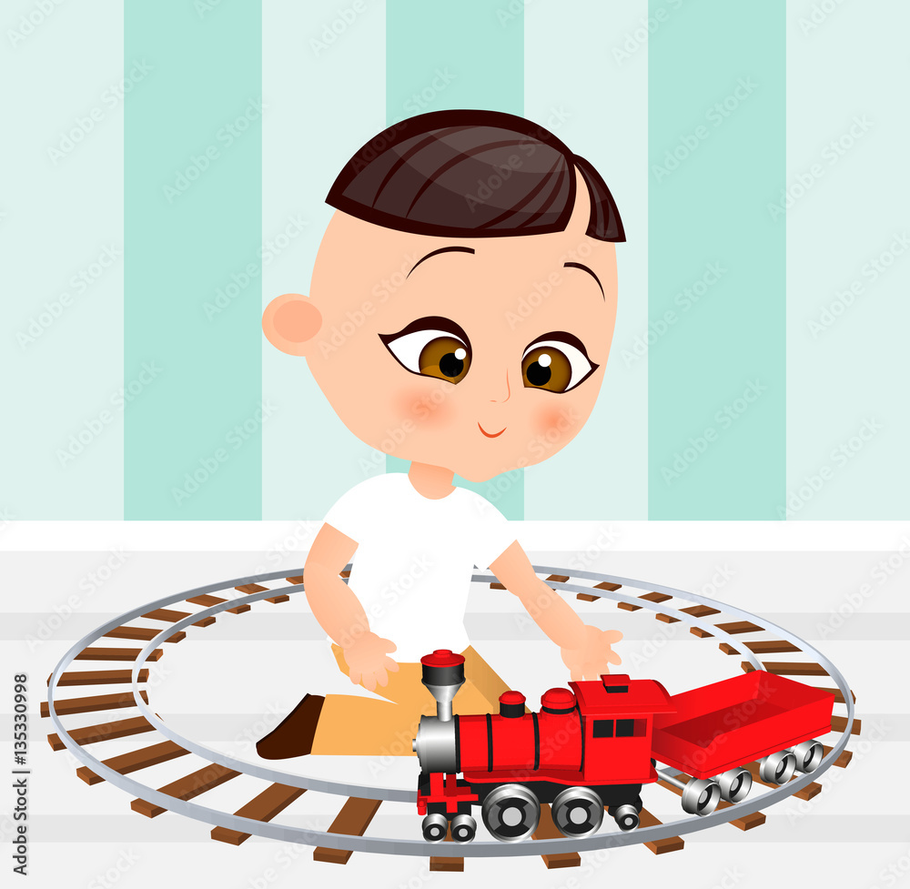 Japanese boy with toy train. Boy playing with train. Vector ...