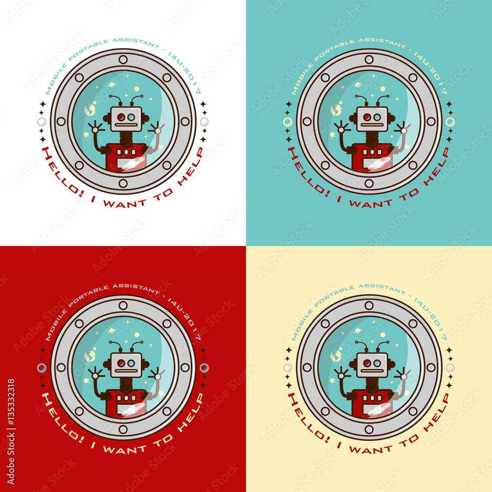 Set of colorful logos, robot, assistant in the space. I want to help ...