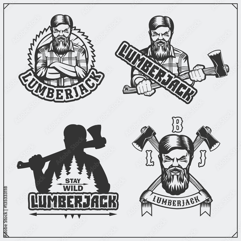 Set of Lumberjack labels, emblems, badges and design elements. Vintage ...