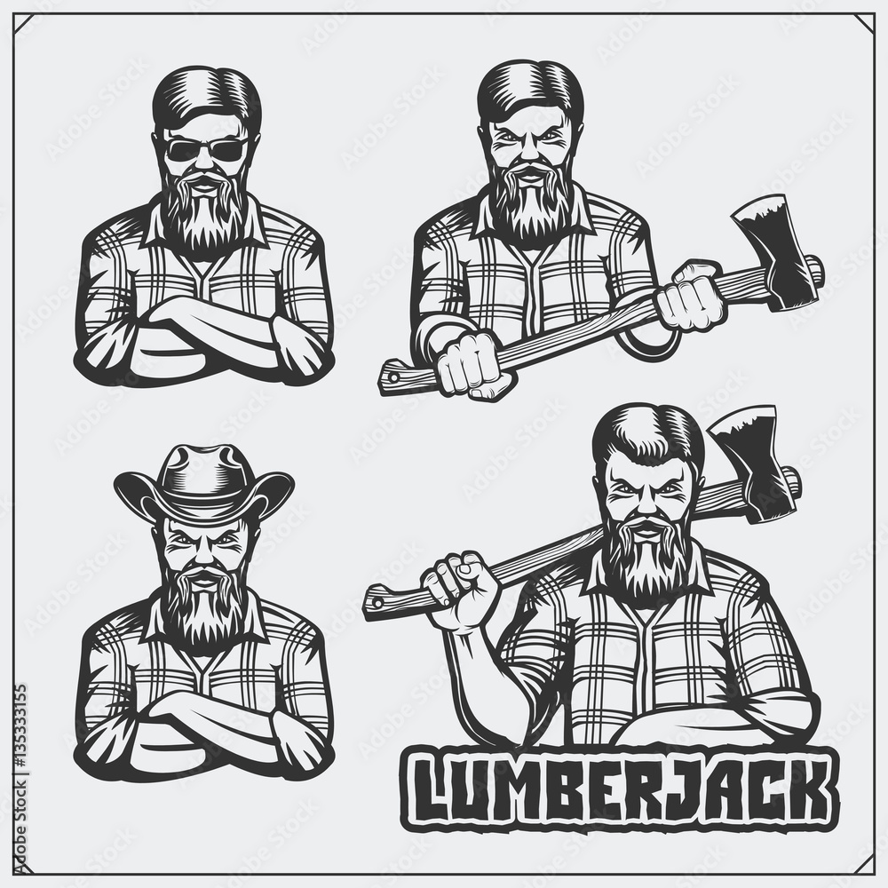 Set of Lumberjack labels, emblems, badges and design elements. Vintage ...