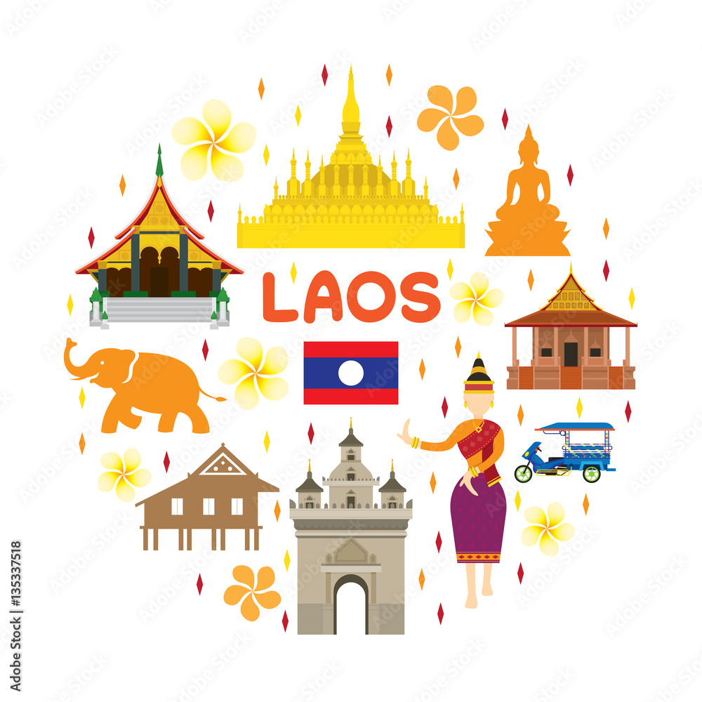 Laos Travel Attraction Label, Landmarks, Tourism and Traditional ...