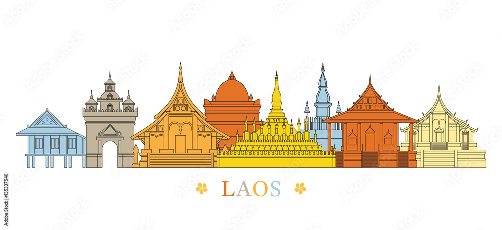 Laos Landmarks Skyline, Line and Colourful, Cityscape, Travel and ...