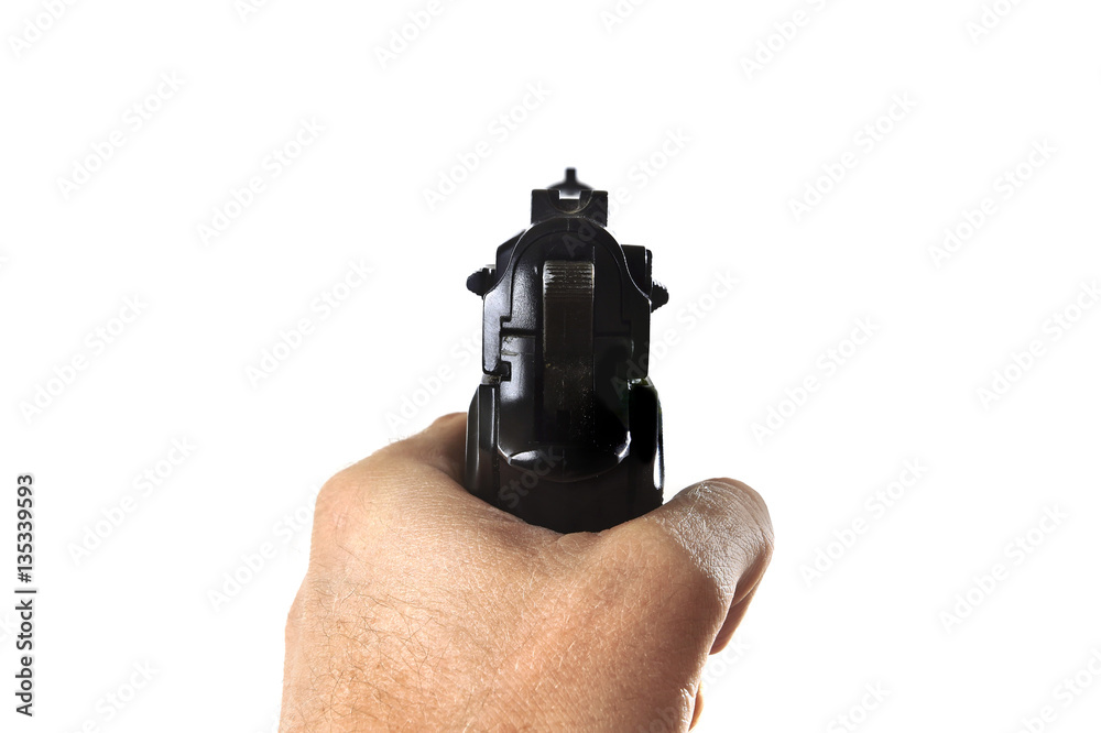male hand holding firing gun aiming in subjective point of view POV ... male hand holding firing gun aiming in subjective point of view POV ...