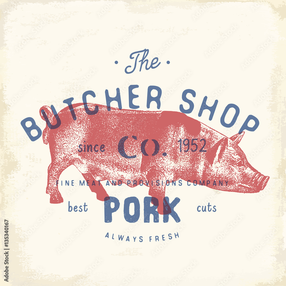 Butcher Shop vintage emblem pork meat products, butchery Logo template ...