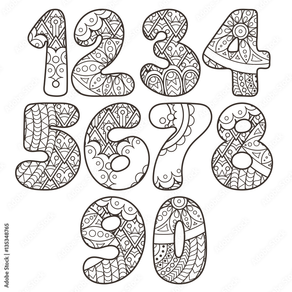 Zentangle numbers set. Collection of doodle numbers with zentangle ...