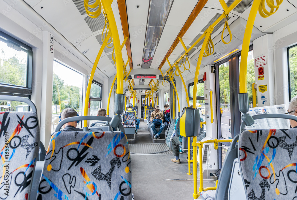 The interior of a modern tram in Moscow. Stock Photo | Adobe Stock