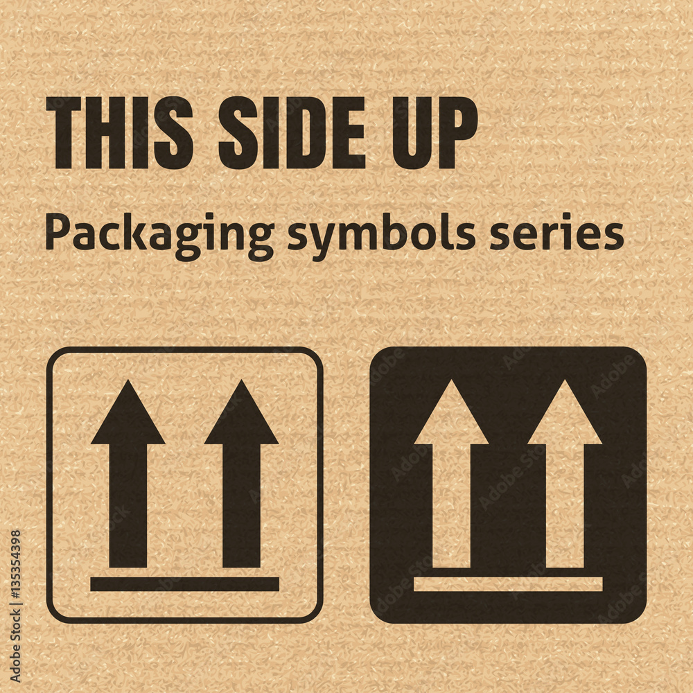 THIS SIDE UP packaging symbol on a corrugated cardboard background. For ...