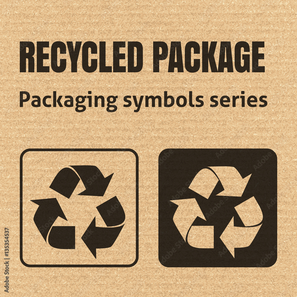 RECYCLED PACKAGE packaging symbol on a corrugated cardboard background ...