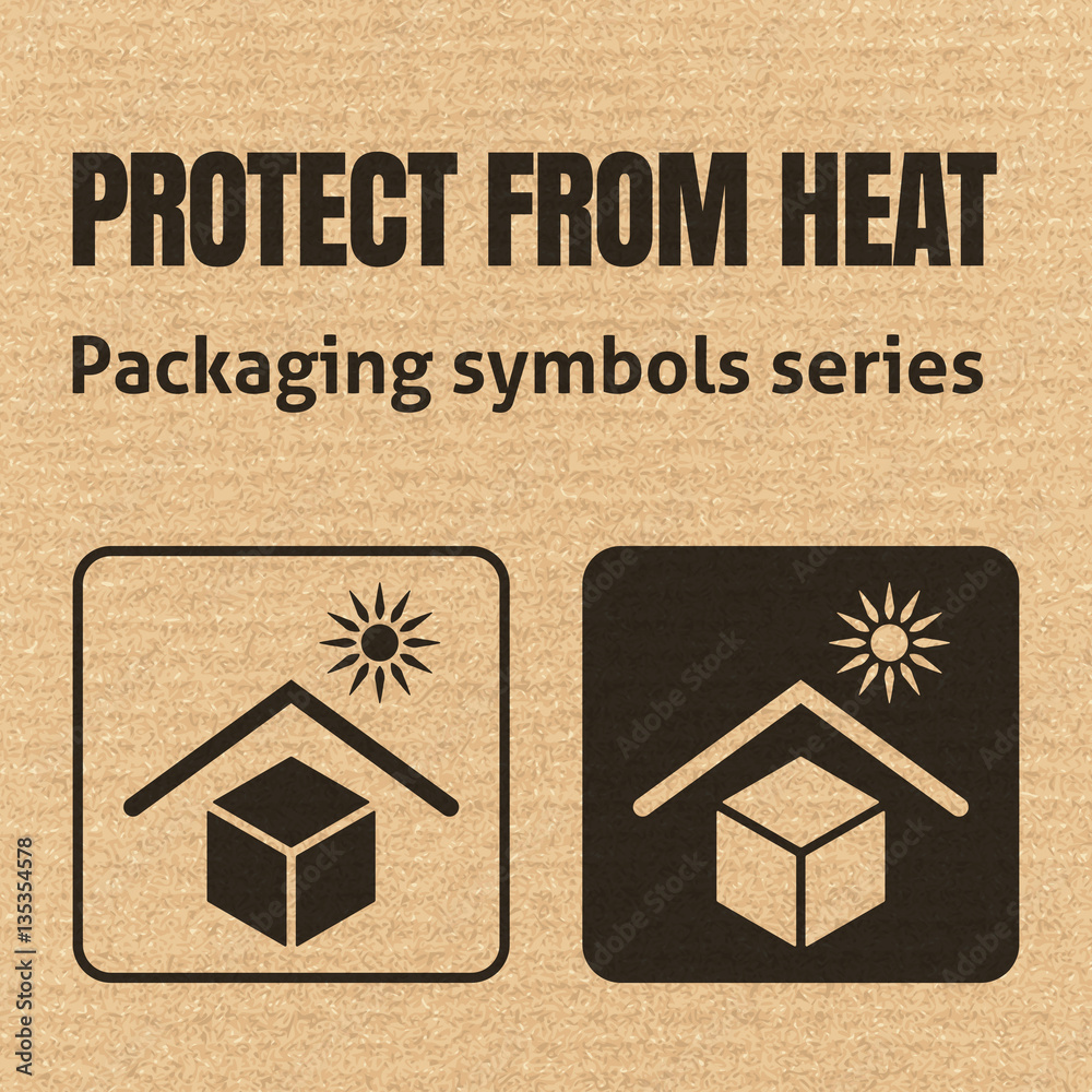 PROTECT FROM HEAT packaging symbol on a corrugated cardboard background ...