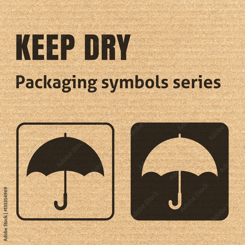 KEEP DRY packaging symbol on a corrugated cardboard background. For use ...
