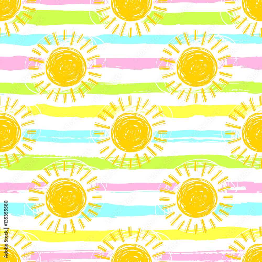 Sun pattern seamless, spring striped background. Hand drawn yellow ...