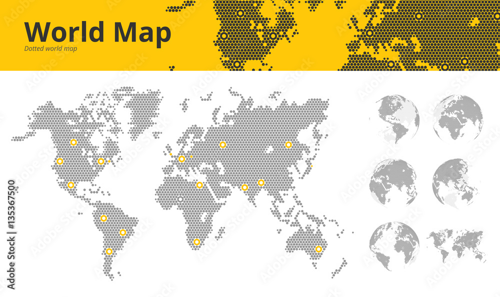 Business dotted world map with marked economic centers and earth globes ...