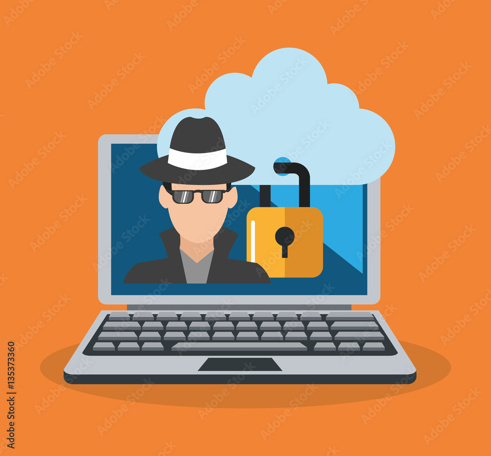 computer with hacker man and padlock icon over orange background ...
