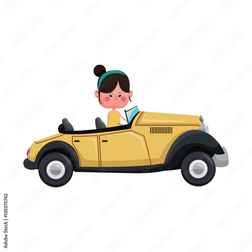 kawaii girl driving a classic car icon over white background. colorful ...