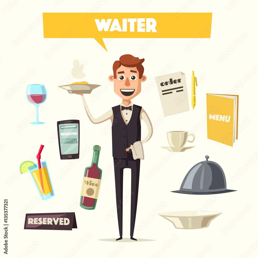 Funny waiter, cute character. Vector cartoon illustration Stock Vector ...