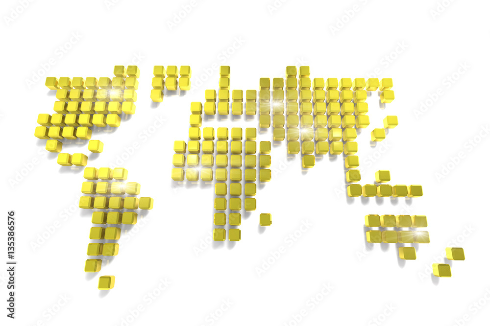 World map made of many golden cubes over white background Stock ...
