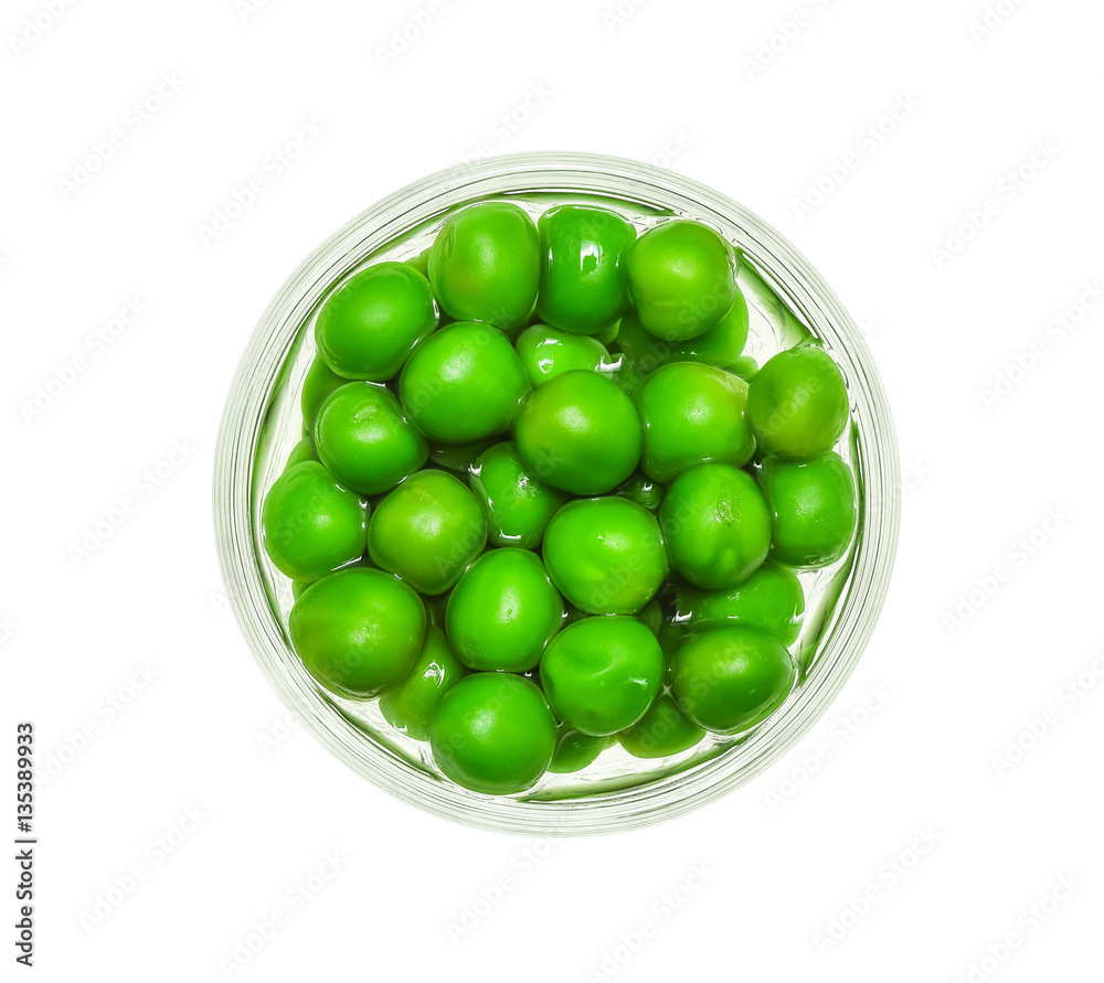 Canned peas in a mini glass bowl isolated on white background, Top view ...