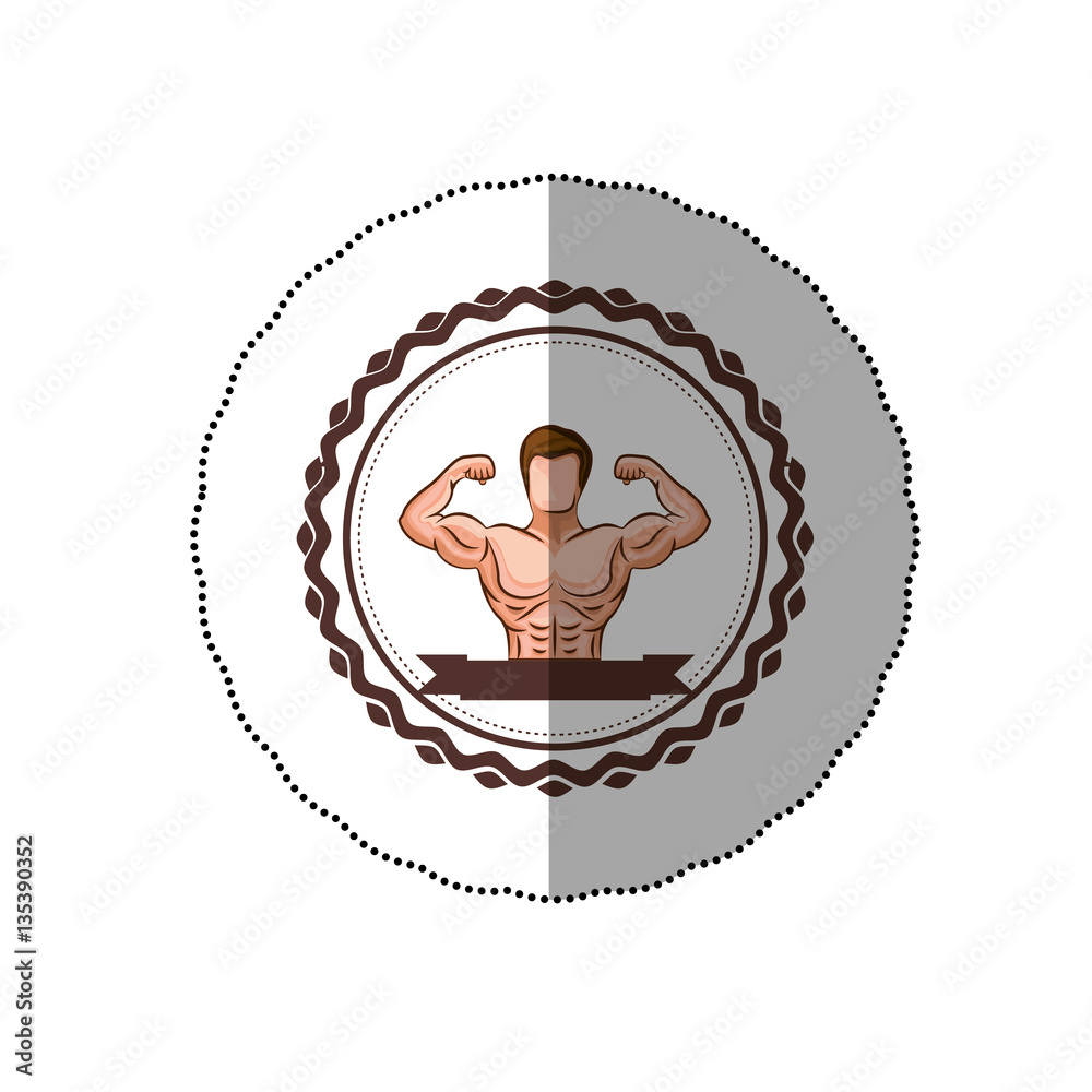 sticker colorful border with half body muscle man and label vector ...