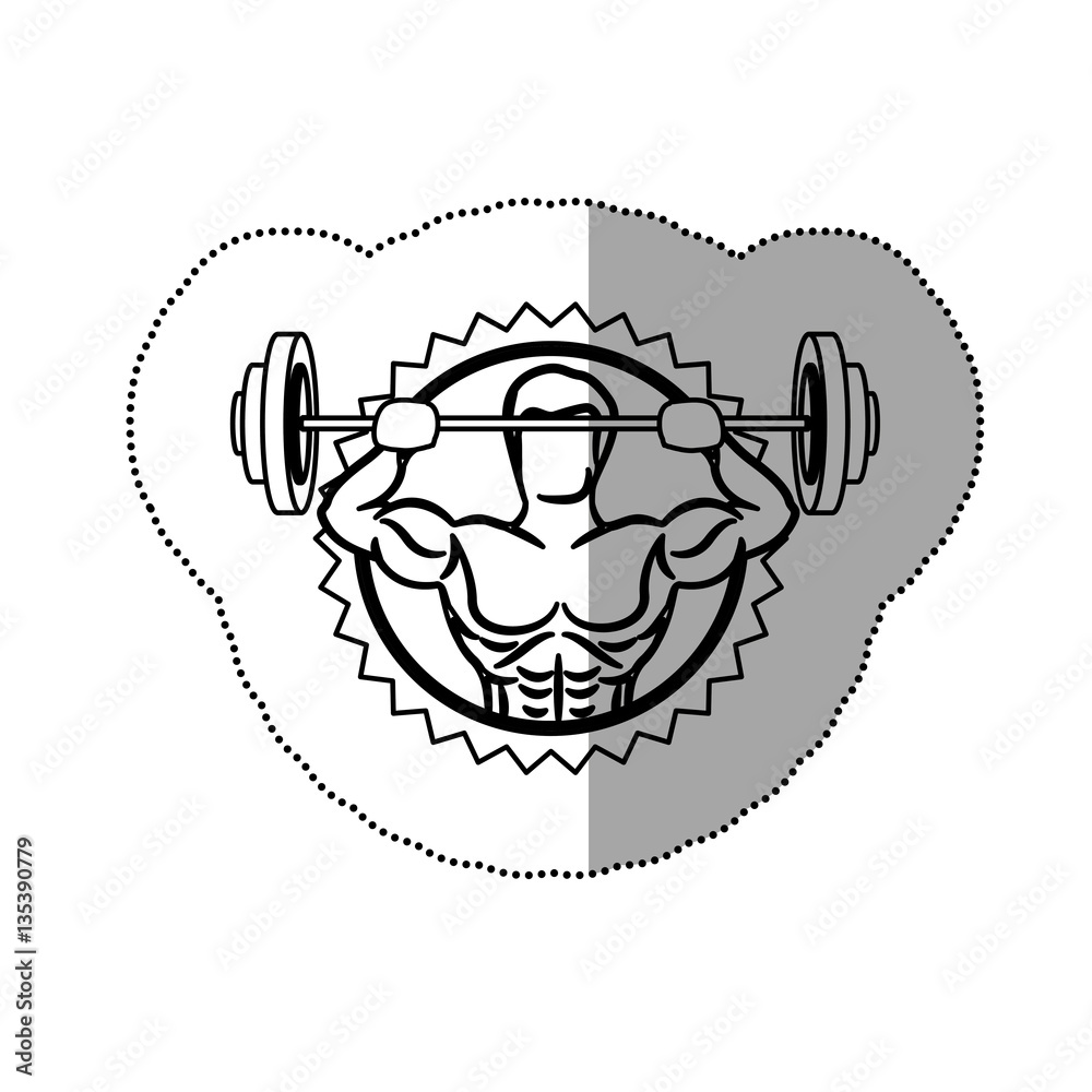sticker contour stamp border with muscle man lifting a disc weights ...