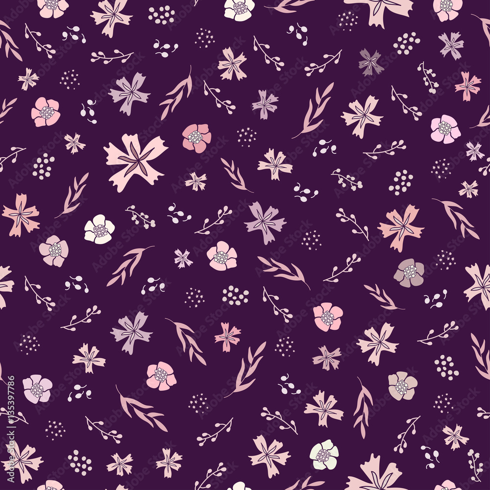 Seamless non-directional flower pattern. Lay of tiny botanical elements ...