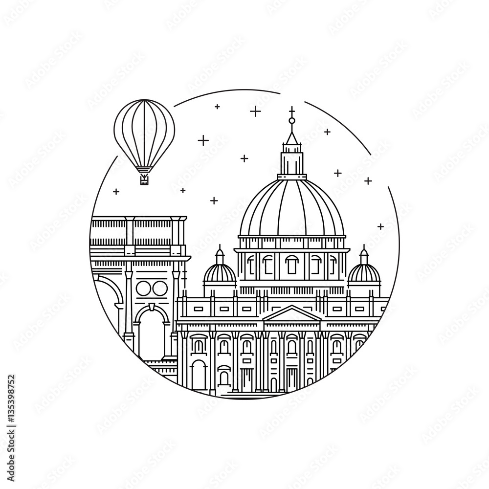 Round the emblem of the city of Rome drawn in a linear style, depicting ...