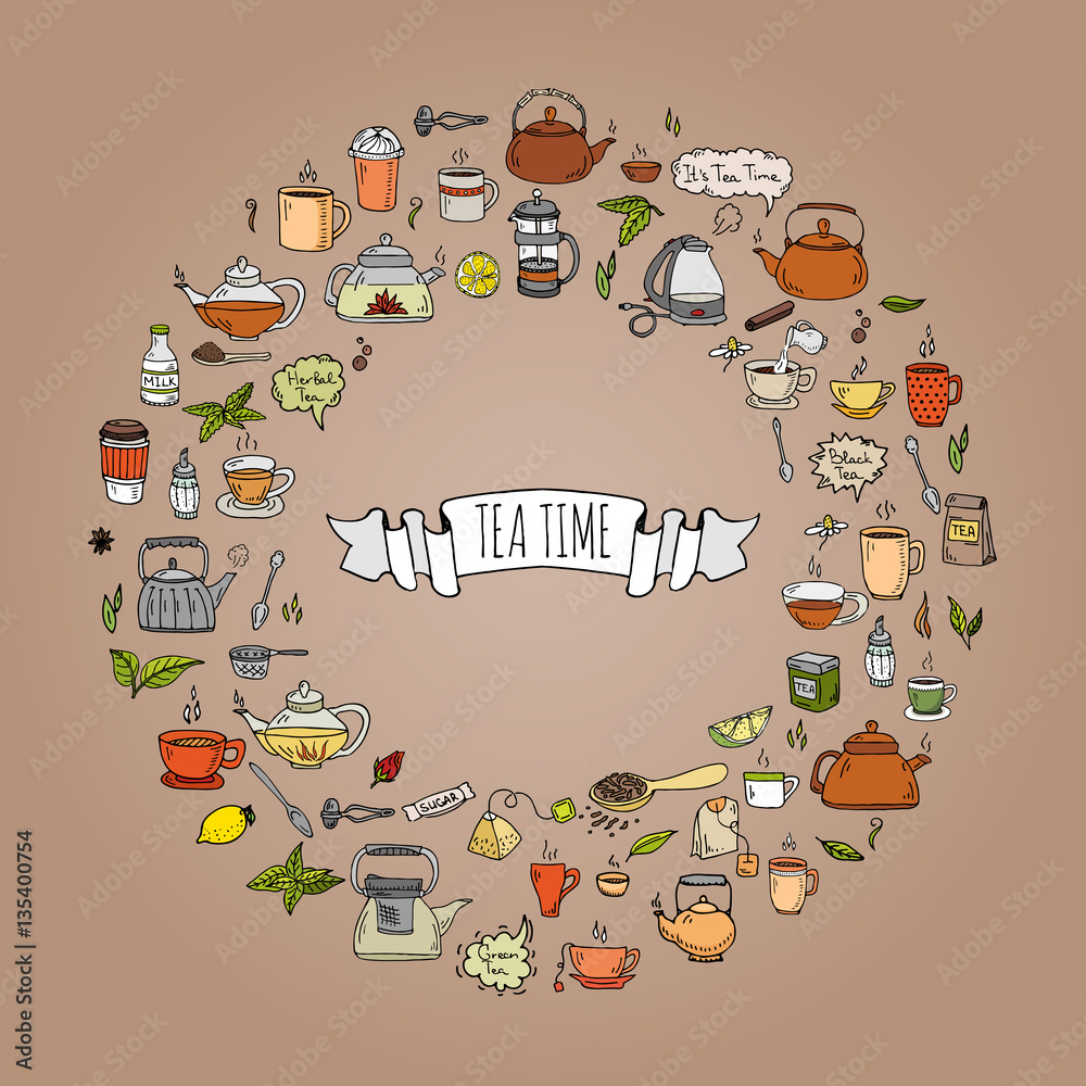 Hand drawn doodle Tea time icon set. Vector illustration. Isolated ...