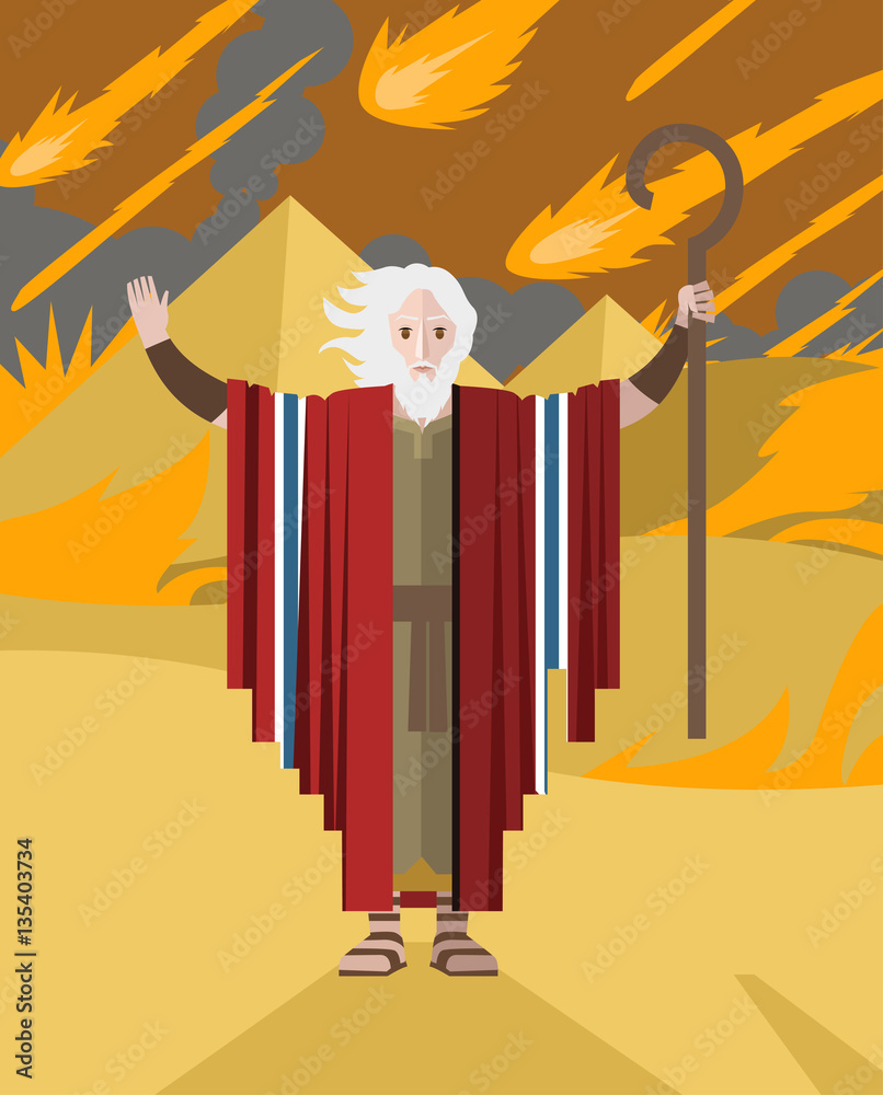 old moses holding his staff and fire rain in egypt pyramids Stock ...