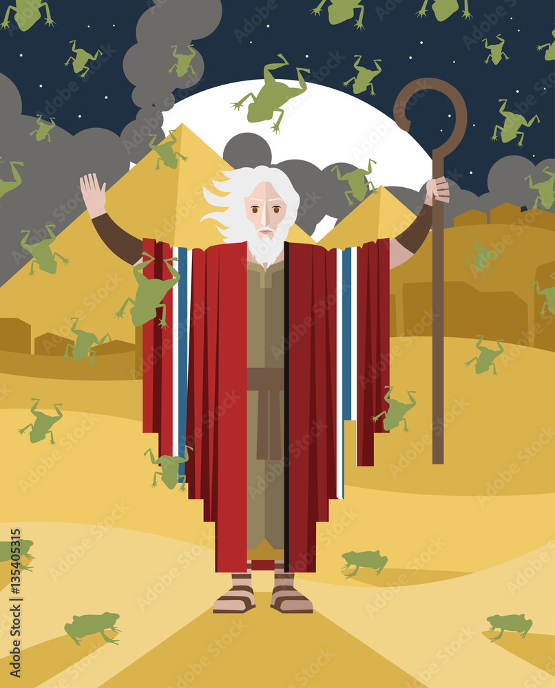 moses with his staff in egypt pyramids town falling rain frogs and ...