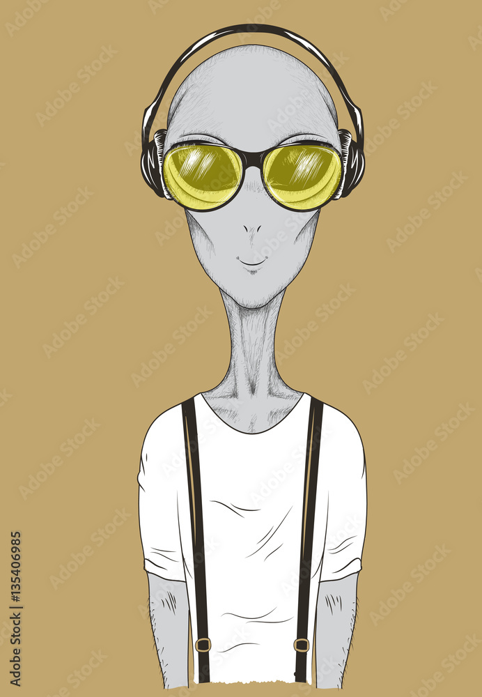 Alien in headphones listening to music vector Stock Vector | Adobe Stock