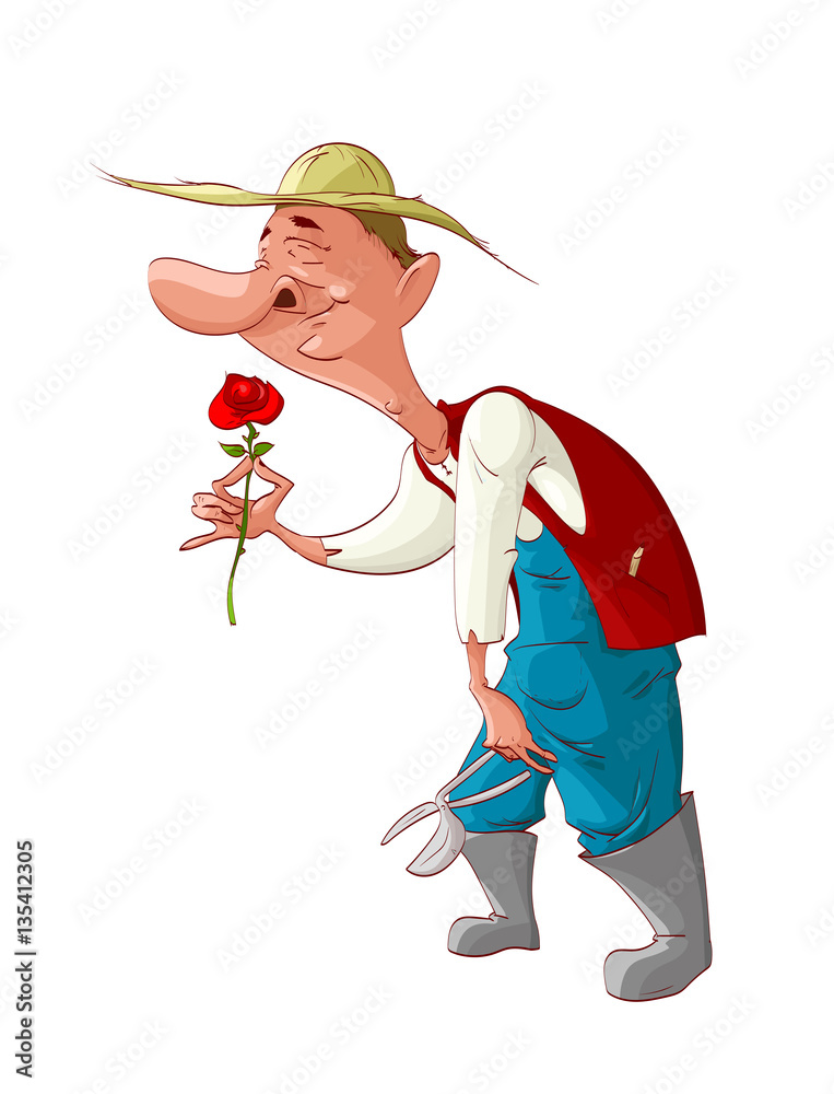 Colorful vector illustration of a happy gardner, smelling a rose. Stock ...