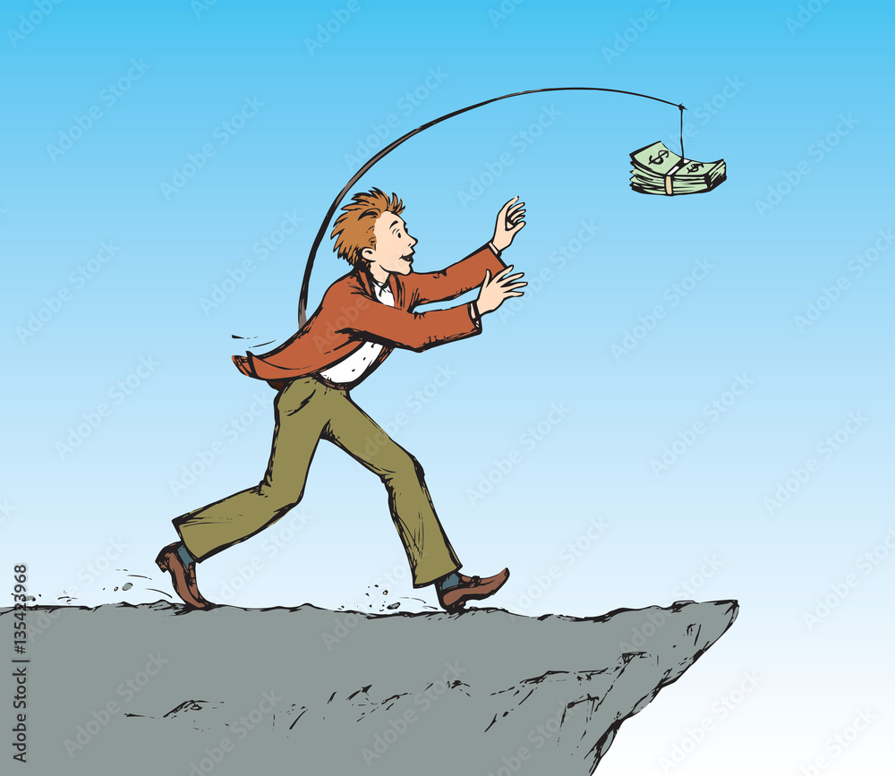 Man chasing money over a precipice. Vector drawing Векторный объект ...
