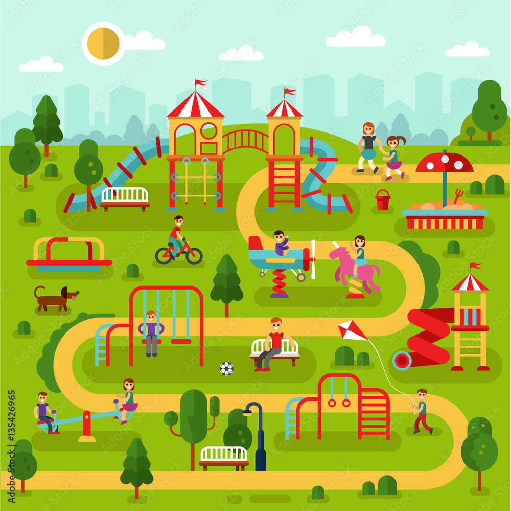 Flat design vector landscape illustration of park with kids playground ...
