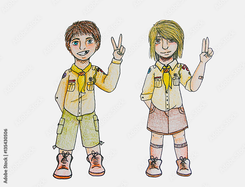 Scouts - a couple of kids in scout costumes, drawing crayon Stock ...