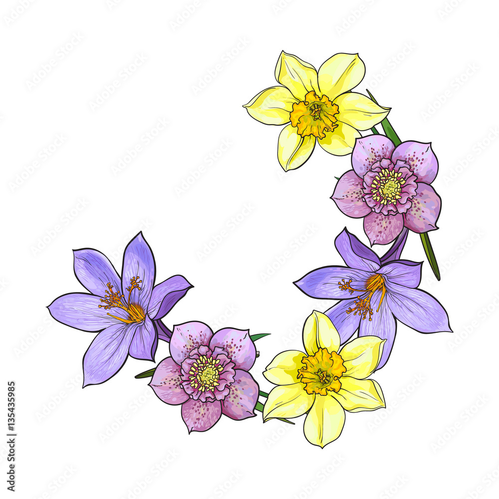Half frame of spring flowers, decoration element, sketch vector ...