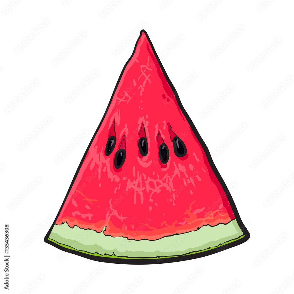 Triangular slice of ripe watermelon with black seeds, sketch style ...