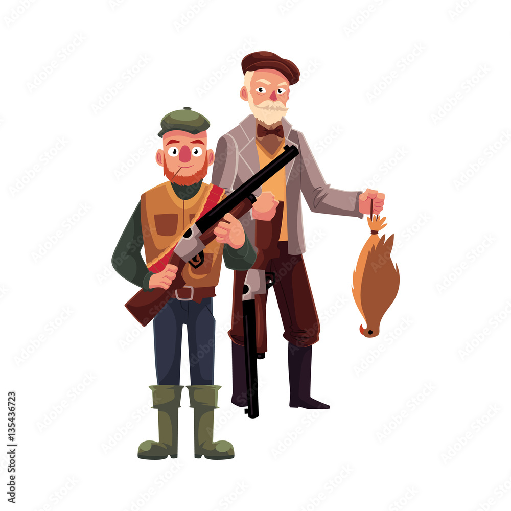 Two hunters, one modern, another old fashioned gentleman with falcon ...