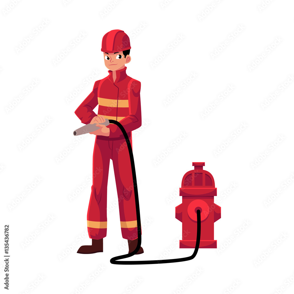 Firefighter, fireman in red protective suit holding fire hose at ...