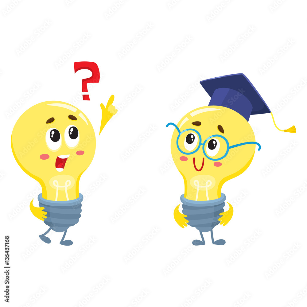 Two cute light bulb characters, one asking question, another wearing ...
