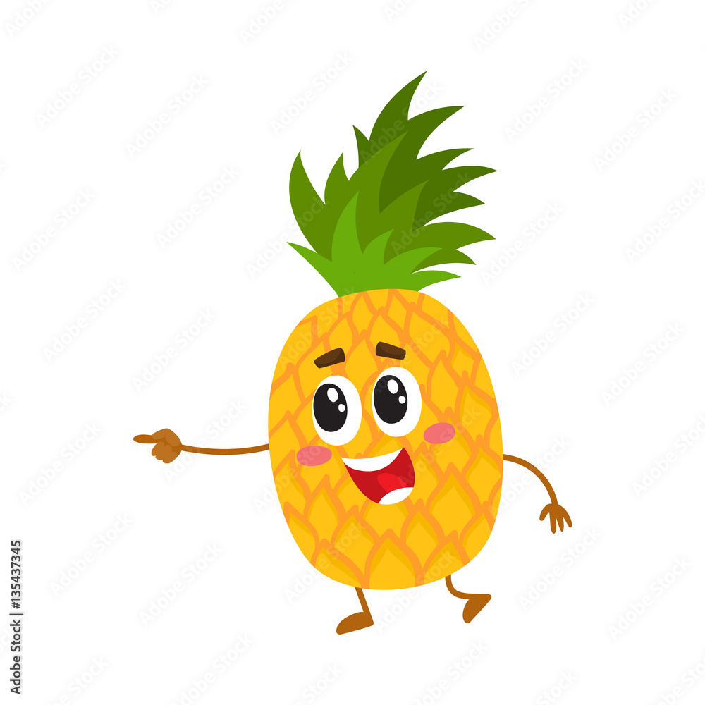 Cute and funny pineapple character with happy face pointing to the left ...