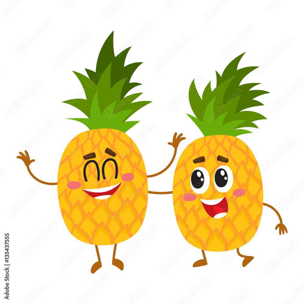 Two cute and funny pineapple characters, one tickling the other ...