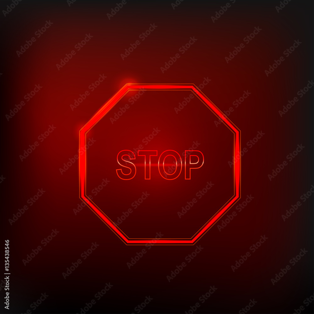 Red neon stop sign isolated on dark background. Traffic regulatory ...