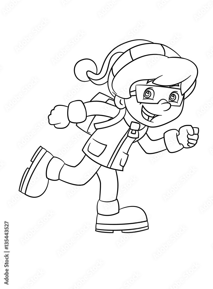 Cartoon boy looking running and smiling - coloring page - illustration ...