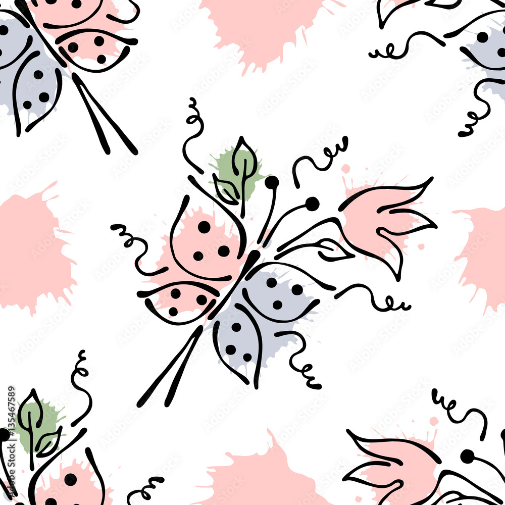 Vector seamless floral pattern with butterfly flowers, leaves ...