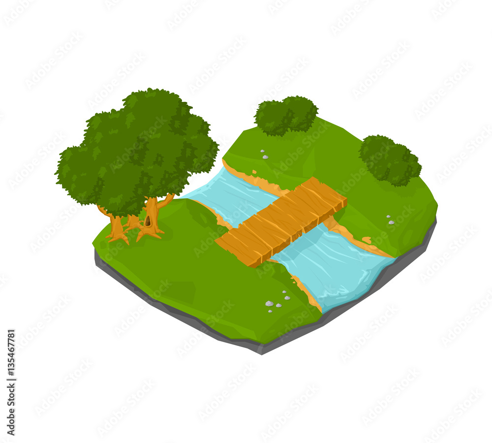 Isometric Wooden Footbridge Nature Icon. Vector illustration of an ...