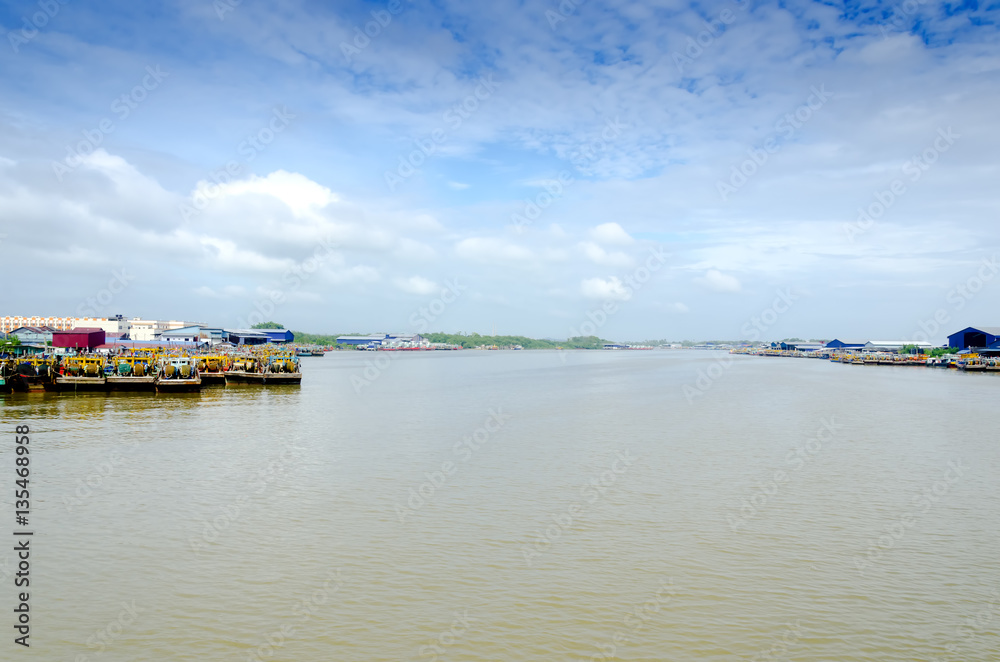 JOHOR, MALAYSIA - JANUARY 30, 2017: Fishing boats anchored at the jetty ...